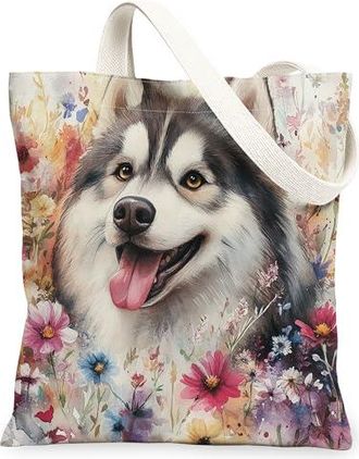 Generic Sac fourre-tout en toile motif chien malamutes de lAlaska pour faire du shopping, 33 x 38,1 cm, sac d&eacute;picerie r&eacute;utilisable &agrave; motif aquarelle pour femm