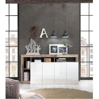 Les Tendances Les Tendances - Buffet - Effet Bois Vintage et blanc Laque - Style contemporain - 4 portes - maestro - l 184 x p 42 x h 93 cm