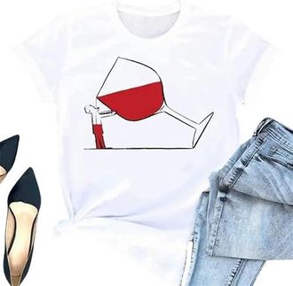 Keephen Verre &agrave; Vin Rouge F&ecirc;te &agrave; Boire T-Shirt Impression 3D Femmes Manches Courtes Col Rond Pullover Casual Vacances Tops