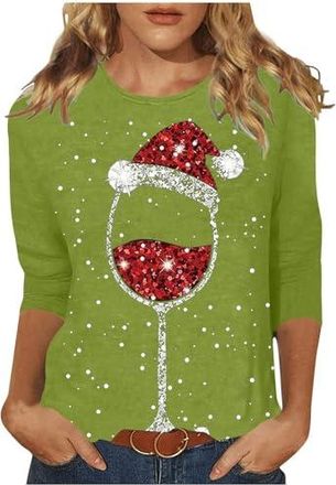 Generico Chemisier de Noël amusant pour femme, t-shirt à col rond, manches 3/4, sweat oversized pull de travail mignon t-shirt de Noël pour femme, Vert militai