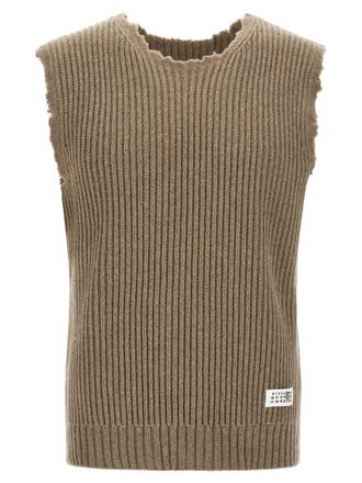Maison Margiela Ribbed Wool Blend with Frayed Edges Vest - Beige