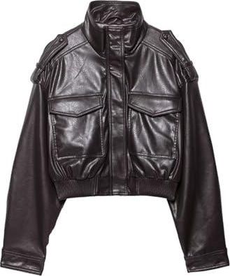 Generic Blouson aviateur vintage en simili cuir for femme, veste courte &agrave; fermeture &eacute;clair avec manches longues et poches lat&eacute;rales(Coffee,xs)