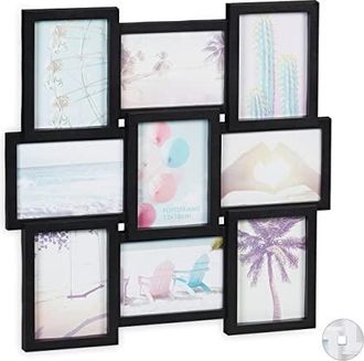 Relaxdays Bilderrahmen Collage, für 9 Bilder, Hoch- oder Querformat, Wand, Kunststoffrahmen, HxB: 54 x 54 cm, schwarz