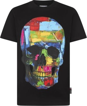 Philipp Plein Homme, Tops, Noir, Taille: 2XL T-Shirt Col Rond T&ecirc;te de Mort Peinte