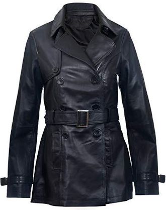 Infinity Leather Trench Femme 3/4 Noir DAgneau En Cuir Nappa 5XL