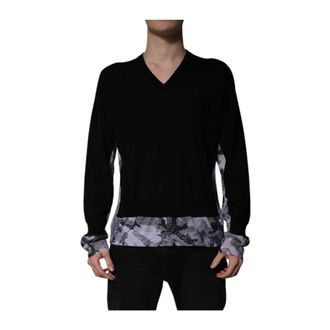 Dolce & Gabbana Schwarzer Camouflage Wollpullover mit V-Ausschnitt - - Knitwear - Herren - Schwarzk - 2XL