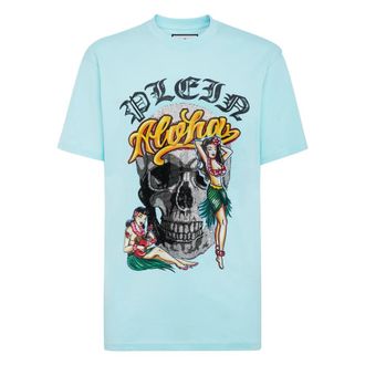 Philipp Plein Homme, Tops, Bleu, Taille: M T-Shirt Col Rond Hawaii