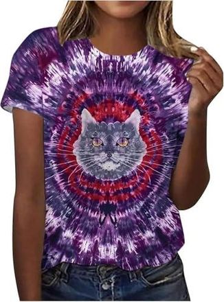 Generic T-shirt tie-dye pour femme avec imprim&eacute; animal - Costume de carnaval - F&ecirc;te amusante - Motif chat et vache - T-shirt &agrave; manches courtes et col rond - H