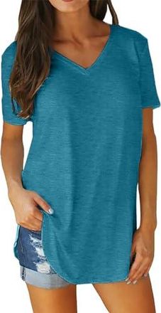 Generic T-shirt dété basique à manches courtes pour femme - Col en V - Manches courtes - Ourlet en arc - Grande taille - Couleur unie - Vêtements pour la vie 