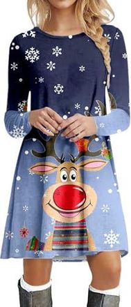 Generic Robe De Noël Femme Manches Longues, Robe Mere Noël Femme Col Rond Mini Imprime Decontracte Costume De Pere Noel Coupe Tendance Cocktail Dress Loisirs 