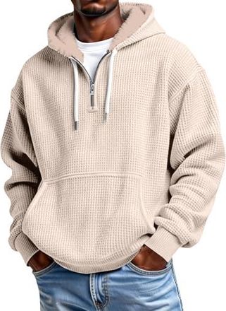 Generic Sweat &agrave; capuche pour homme avec fermeture &eacute;clair 1/4 - Confortable - Manches longues - Pull dext&eacute;rieur - Couleur unie - Pull en tricot - Haut d&eacute;contra