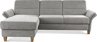 Cavadore Eckcouch Wyk mit Federkern / Ecksofa im Landhaus-Stil mit Longchair und Holzfüßen / 252 x 90 x 162 / Chenille, Hellgrau