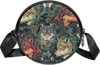 Generic Petit sac &agrave; bandouli&egrave;re circulaire pour femme, motif loup, herbe foresti&egrave;re, sac &agrave; dos avec fermeture &eacute;clair, bretelles r&eacute;glables, sac &agrave; main rond d&eacute;c