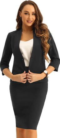 Allegra K Damen Business Rock Anzug Set 2-Teiliges B&uuml;ro Arbeits Outfit Kragenloser Blazer Bleistiftrock Schwarz 3XL