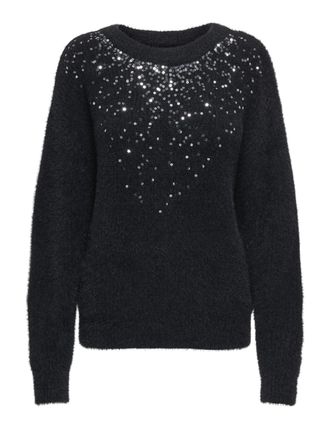 Only Damen ONLCLARIS LS Sequins O-Neck KNT Pullover, Black/Detail:Silver, M