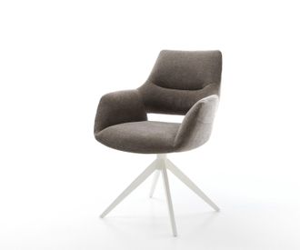 DELIFE Drehstuhl Yago-Flex mit Armlehnen Strukturstoff Soft Taupe Kreuzgestell breit Wei&szlig; 360&deg; drehbar Wippfunktion Taschenfederkern, Esszimmerst&uuml;hle