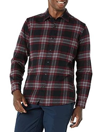 Amazon Essentials Chemise boutonnée en flanelle à manches longues pour homme, coupe ajustée, tissu écossais noir bourgogne, taille XL