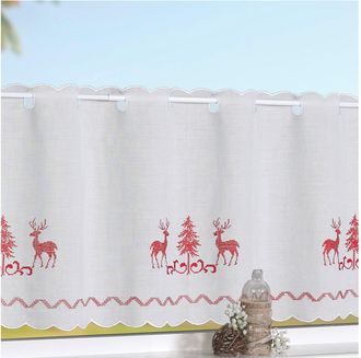Heimtexland Scheibengardine Kreuzstich Stickerei HIRSCHE rot 45x115 cm auf Batist in Natur Country CHIC Landhaus Panneau Gardine Weihnachten Bistrogardine ÖKOTEX 