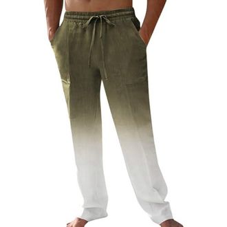 Generic Pantalon baggy en coton et lin pour homme, d&eacute;contract&eacute; et tendance, couleur unie, d&eacute;grad&eacute; de couleur, pantalon de plage ample en lin, pantalon de plag