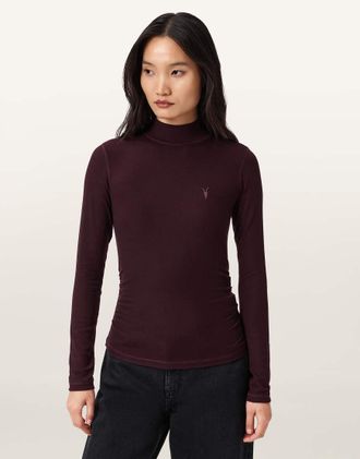 AllSaints Rina - Lang&auml;rmliges Oberteil in Ochsenblutrot mit Rollkragen