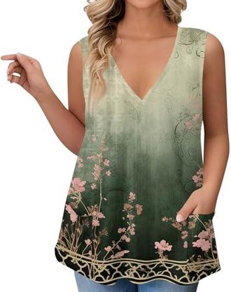 Generic Debardeur Femme Chic et &eacute;l&eacute;gant Chemisier sans Manche Imprim&eacute; D&eacute;bardeur Col V Top Ete Haut Chic et Elegant Fluide Ample Caraco Vetement Femme Ete Tee 