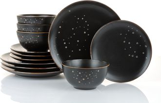 Retsch Arzberg Kombiservice Tafelgeschirr MYSTIC 12teilig f&uuml;r 4 Personen/Steinzeug runde Form/edles Ebony mit Rotgold Dekor/Geschirrset Waterside by Retsch Arzberg