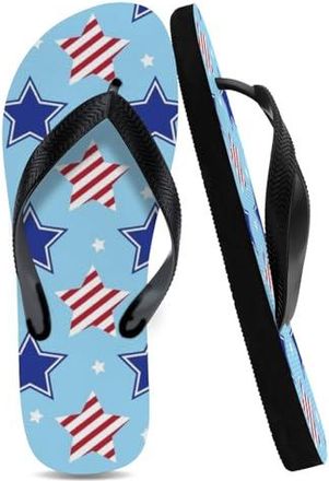Generic Tongs unisexes pour femme, chaussures de plage, sandales &agrave; semelle plate, pantoufles de bain, cadeaux amusants pour femme, &Eacute;toiles ray&eacute;es bleues et ro