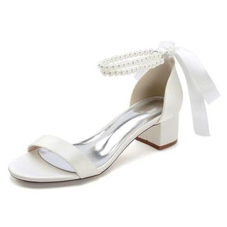 Generic Chaussures Mariage Femme Talon Bloc Bout Ouvert Talons Bas Sandales Mode &Eacute;t&eacute; Satin Mari&eacute;e Dress F&ecirc;te Hauts 4.5Cm,Ivoire,36 EU