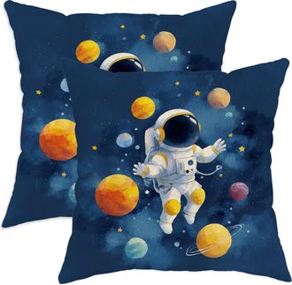 Generic Astronauten-Kissenbezüge, 2er-Set, marineblau, Galaxie, Weltraum-Kissenbezüge, Kinderzimmer, dekorative quadratische Kissen für Zuhause, Sofa, Bett, C