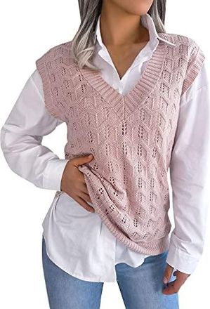 Generic Pull en tricot sans manches &agrave; col en V pour femme, rose, M