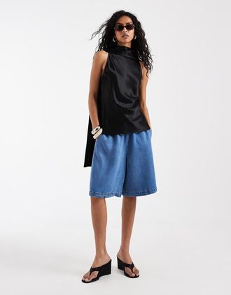 Object Short long drap&eacute; en chambray avec liens &agrave; la taille - Denim bleu clair