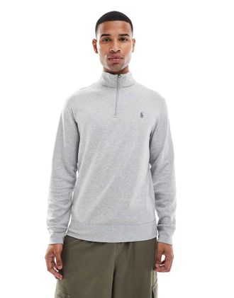 Polo Ralph Lauren Sweat à col zippé en maille double avec logo - Gris chiné