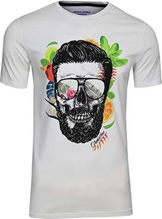 Jack & Jones Jack & Jones T-shirt &agrave; col rond, pour homme, motif imprim&eacute; de t&ecirc;te de mort, fleurs et barbe, style hipster, parfait pour un festival - - Large