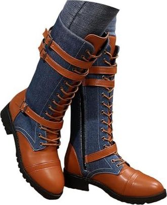 Generic Bottes montantes &agrave; lacets pour femme - Bout rond - Talons &eacute;pais - Boucle tendance - Bottes de combat pour femme - Bottes d&eacute;quitation &agrave; lacets et ferme
