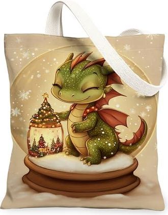 Generic Sacs fourre-tout en toile motif dragon de No&euml;l, sacs d&eacute;picerie r&eacute;utilisables, l&eacute;gers et lavables, en toile pour voyage, pique-nique, 33 x 38 cm
