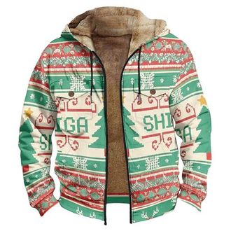 Generic Manteau de Noël chaud doublé en polaire avec imprimé complet à capuche coupe-vent pour homme, Vert, XXL