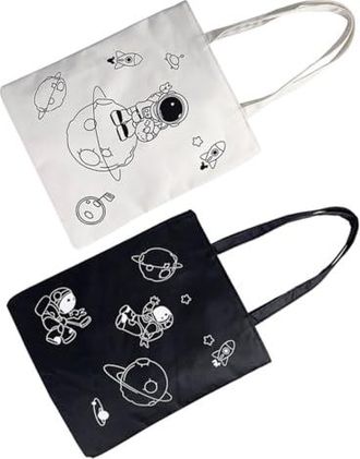 Hemoton 2 pi&egrave;ces Sac Tote Femme Toile Cr&eacute;atif Imprim&eacute; Astronaute Grand Sac Fourre-tout Simple et Multifonction pour Courses et Usage Quotidien Noir Blanc