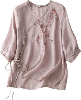 Generic T-shirt d&eacute;t&eacute; en lin pour femme avec broderie en V, boutonni&egrave;re asym&eacute;trique, pull fin, ample &agrave; manches courtes, lilas, XXL