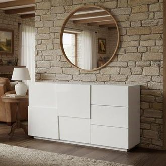 Dmora Kommode Xavier, Wohnzimmer-Buffet, Wohnzimmer-Kommode mit 2 T&uuml;ren und 3 Schubladen, 180x44x86 cm, gl&auml;nzendes Wei&szlig;