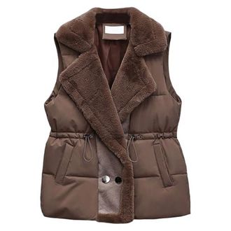 Generic Gilet chaud pour femme - Doudoune courte &agrave; double boutonnage - Sans manches - Col rabattable - Manteau uni, caf&eacute;, XL