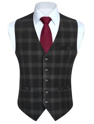 Hisdern Anzugweste f&uuml;r Herren Dunkel Grau Plaid Tweed Weste Formale Weste Herren f&uuml;r Hochzeit Business Party 2XL