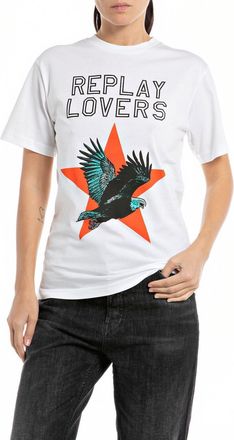 Replay Damen T-Shirt Kurzarm aus Baumwolle mit Print, White 001 (Weiß), M