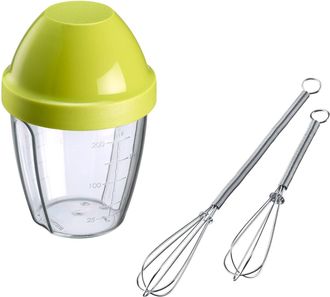 Westmark Set 3-tlg.: 2 Mini-Schneebesen + 1 Schüttelbecher (0,25 l), Rostfreier Edelstahl/Hochwertiger Kunststoff, Silber/Klar/Grün, 124722E6