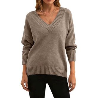 Generic Pull court à manches longues raglan double face et col en V pour femme, haut court pour lautomne ample, couleur unie, pull surdimensionné en tricot, k