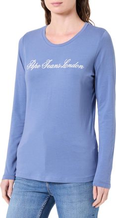 Pepe Jeans London Damen W Basic Stretch Logo L/S T-Shirt, Blau (Meerblau), M