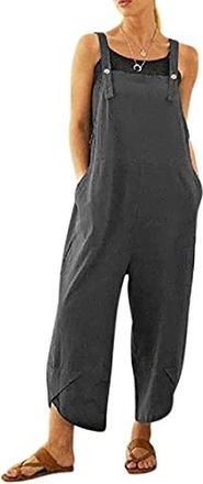 TOMWELL Salopettes Femme en Lin Été Jumpsuit Sling Combinaisons avec Poches Casual Loose Large Ample Harem Sarouel Pantalon Unie Playsuit Barboteuses C Gris 3