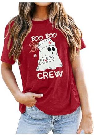 Generic T-shirt imprimé fantôme dHalloween 2026 Adorable T-shirt pour fête, Rouge, XXL