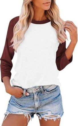 Generic T-shirt &agrave; manches raglan 3/4 pour femme - Couleurs contrast&eacute;es - Patchwork - T-shirt basique &agrave; col rond - Coupe ample - Pull surdimensionn&eacute; - T-shirt 