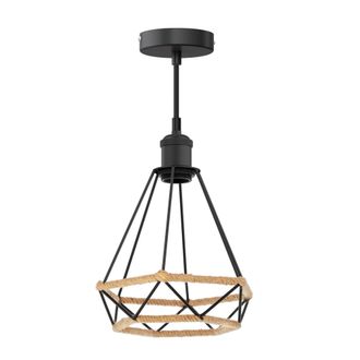 LEDs Com Vintage Pendelleuchte RETRA, schwarz, E27 Fassung, K&auml;fig-Schirm, schwarz mit Hanf, 200mm &Oslash;