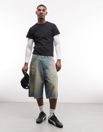 Weekday Festival-Jorts in blauer Dirty-Waschung mit niedrigem Schritt und Used-Optik